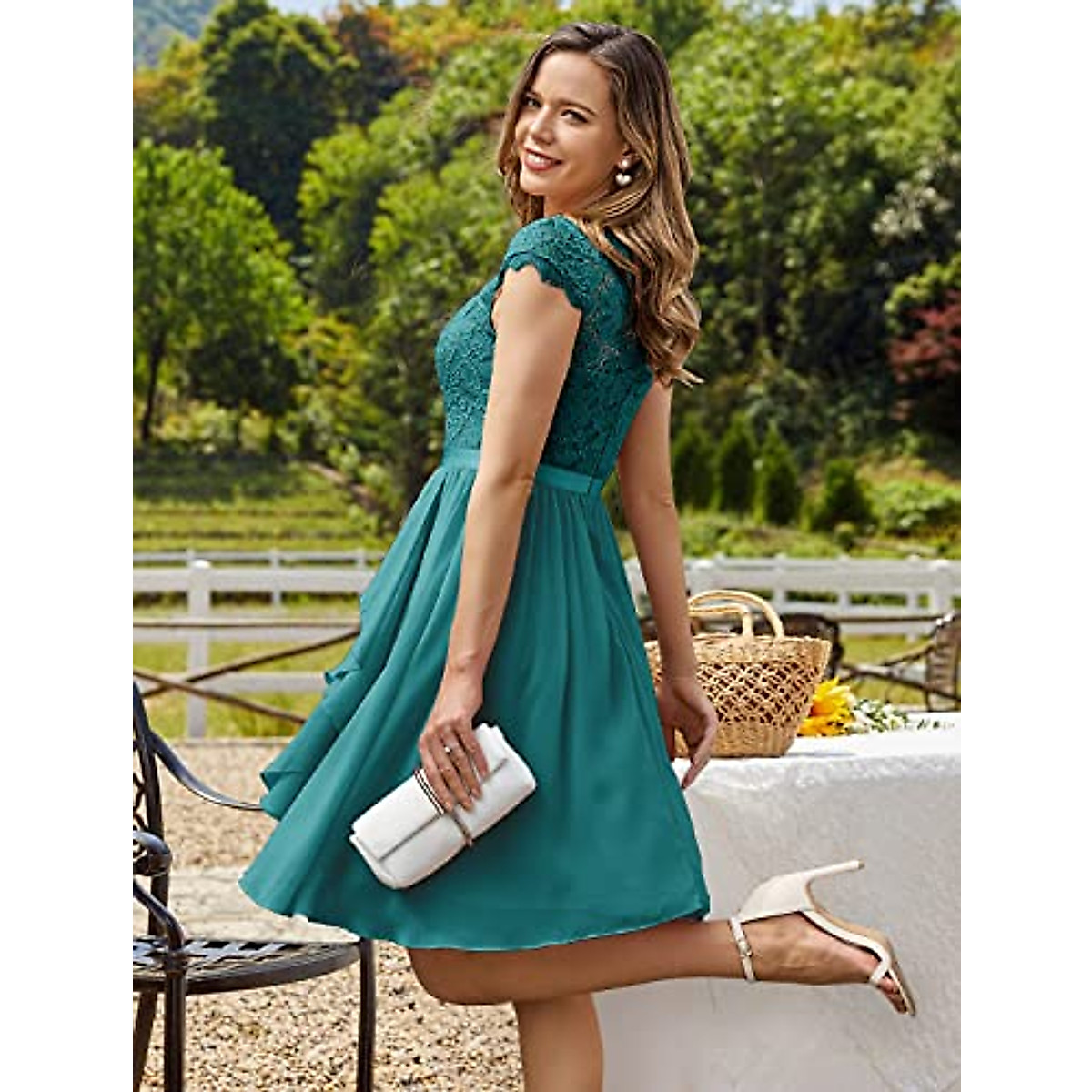 Wedtrend Women Short Lace Bridesmaid Dresses with Cap-Sleeve Wedding Guest Dresses Floral Chiffon Semi Formal Dresses, Ruffle Modest Juniors Short Prom Dress for Cocktail Party WT0212PeacockGreenM