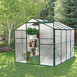 KELRIA 6x8 FT Hybrid Polycarbonate Greenhouse with Lockable Hinged Door, Sliding Door and 2 Vent Window, Walk-in Hobby Greenhouse Aluminum Hot House for Outdoor Garden Backyard, Green