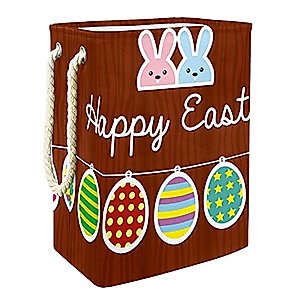 Inhomer Laundry Hamper Easter Bunny and Egg Wooden Background Collapsible Laundry Baskets Firm Washing Bin Clothes Storage Organization for Bathroom Bedroom Dorm