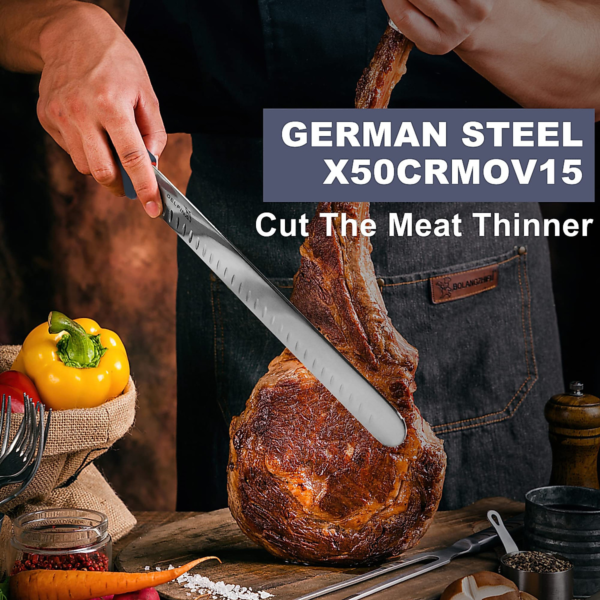 DELFINA 12 Inch Brisket Slicing Knife W/Sheath & SoftGrip Handle, Ultra Sharp Premium Carving Slicing Knife For Meat Cutting, Great for Slicing Roasts, Meats, Fruits and Vegetables