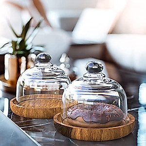 Yardwe 2 Sets Glass Dome with Wooden Base Mini Cake Stand Glass Display Dome Cloche Clear Glass Bell Jar Cover for Dessert Cheese Candy Plants Succulents (4.1 x 3.7 Inch)