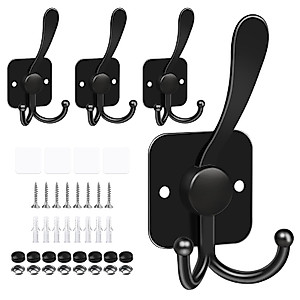 VIS'V Coat Hooks Wall Mount, Black Metal Coat Tri Hooks Heavy Duty Adhesive 3 Prong Coat Hanger Hooks Door Wall Coat Rack Hooks for Livingroom Bathroom Camper 2 Mount Options - 4 Pcs