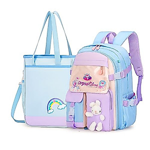 Dorlubel Girls Backpack Elementary School Bunny Backpack for girls Kindergarten Preschool Bookbag With Tote Bag (Blue Bunny Set)