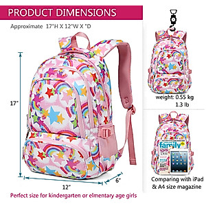 BLUEFAIRY Kids Backpack for Girls Elementary Primary School Bags for Kindergarten Childs Bookbags Lightweight Cute Gifts 17" Mochilas Escolares para Niñas de 6 7 8 9 Rainbow Pink