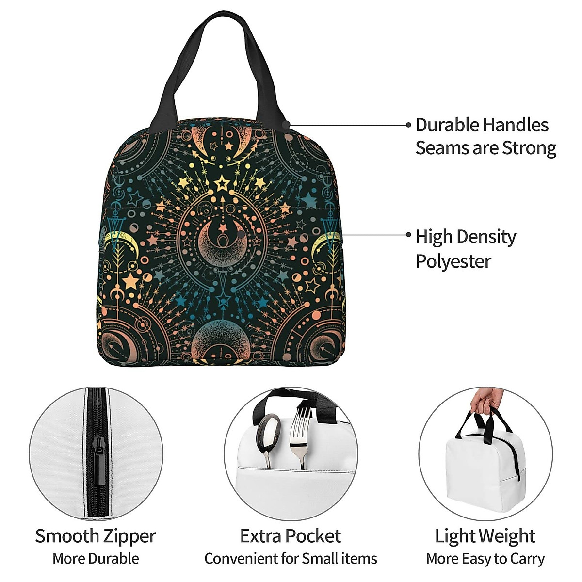 Echoserein Magical Astrology Moon Star Lunch Bag Insulated Lunch Box Reusable Lunchbox Waterproof Portable Lunch Tote For Women Men Girls Boys