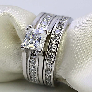 Bridal Sets White Gold Plated Womens Wedding Ring Sets Princess Cut Cz Engagement Ring 2pcs Wedding Band