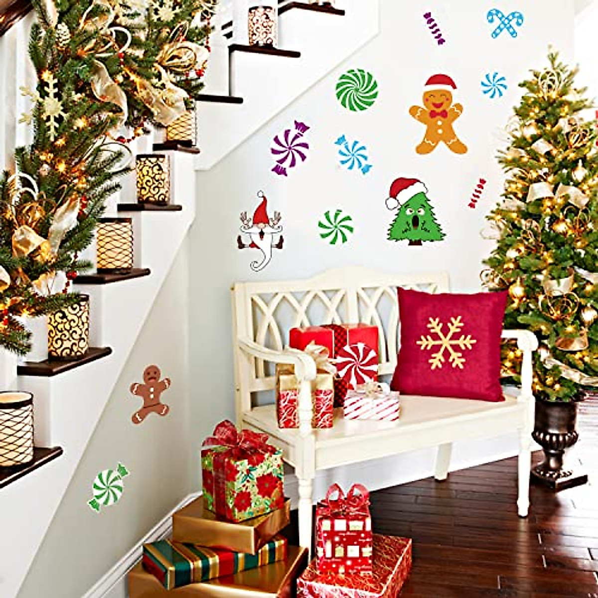KIMOBER 33PCS Christmas Peppermint Floor Decals,Christmas Candy Santa Claus Gingerbread Wall Stickers for Xmas Party Decoration