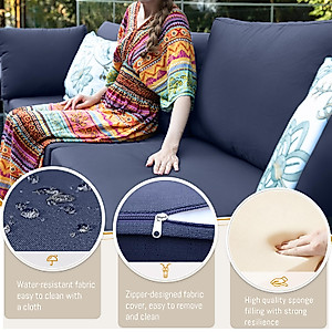 BULEXYARD High Back Brown PE Rattan Outdoor Patio Furniture Set with Propane Fire Pit Table, Large Wicker Outside Sectional Furniture Sofa Conversation Sets for Backyard(Navy Blue, 9Pcs-A)