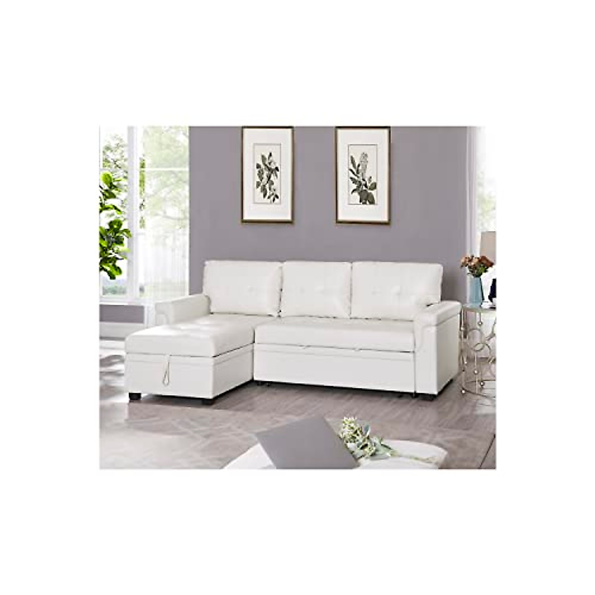 Naomi Home Reversible Sleeper Sectional Sofa Storage Chaise - White, Air Leather White/Air Leather