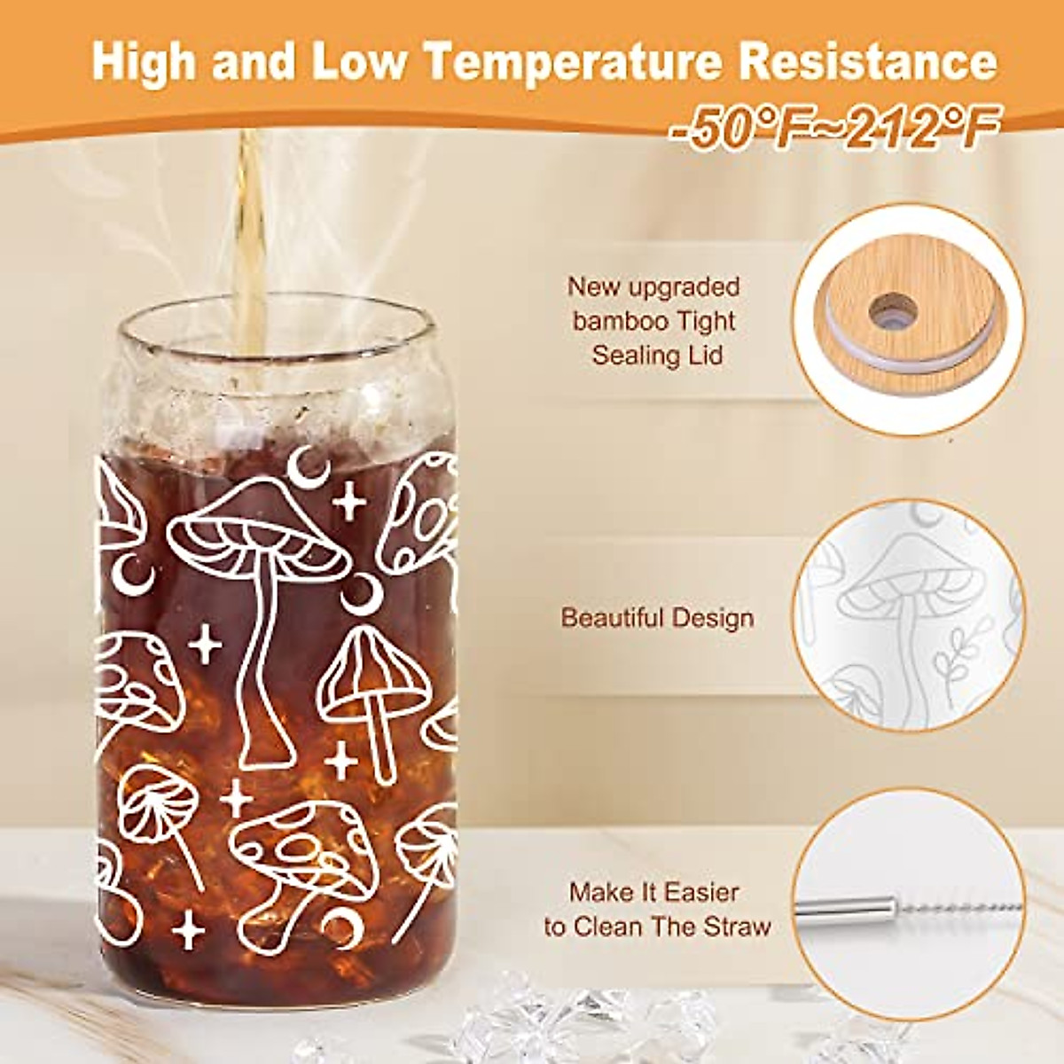 Lvoetgif Mushroom Iced Coffee Glasses with Bamboo Lids and Straw, Cute Mushroom Drinking Beer Can Shaped Cup, Aesthetic Birthday Gifts for Mushroom Lovers Women Mom Best friend wife