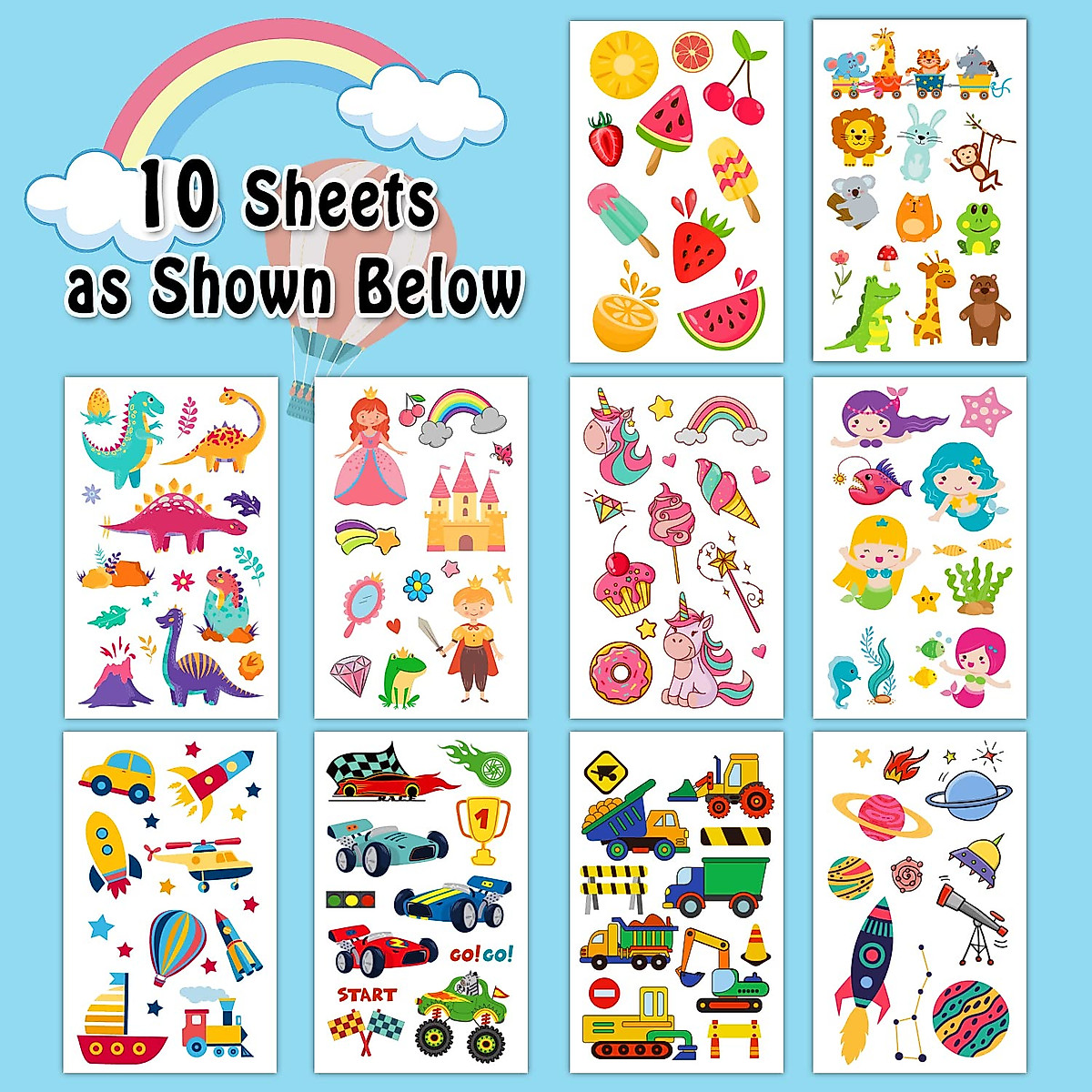 Partywind 115 Styles (10 Sheets) Temporary Tattoos for Kids, Kids Party Supplies Favors Goodie Bag Stuffers, Fake Tattoo Stickers for Boys and Girls Birthday Party