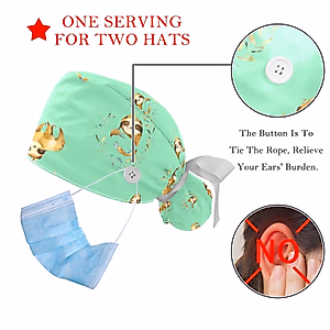 Cute Sloth Adjustable Working Cap with Ponytail Holder, 2 Packs Scrub Cap Bouffant Hat for Men & Women, One Size