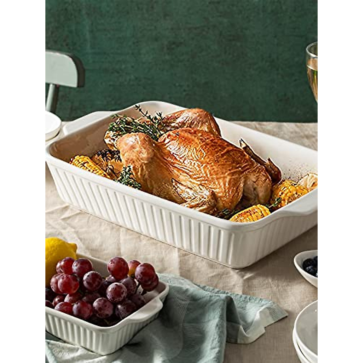 DOWAN Casserole Dishes for Oven, Ceramic Baking Dishes for Oven Set of 3, Lasagna Pan Deep, Baking Pan Set Rectangular Casserole Dish Set with Handles for Baking, White (15.6''/12.2''/8.9'')