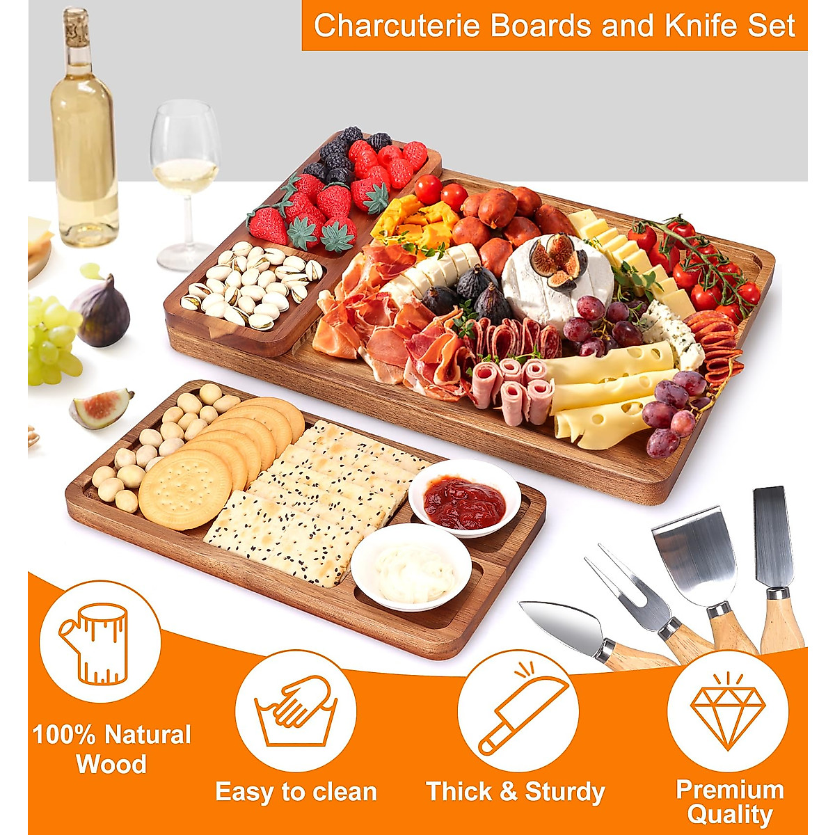 9 PCS Acacia Wood Cheese Board and Knife Set Large Charcuterie Platter Meat Cheese and Cracker Tray Vegetarian Fruit Snack Board Food Serving Tray Grazing Board Magnetic Charcuterie Board Gift Set