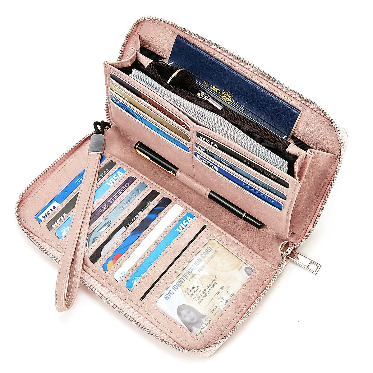 BROMEN Womens Wallet RFID Blocking Large Capacity Wristlet Phone Holder Zip Around Leather Clutch Purse Pink