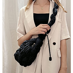 Puffer Bag Quilted Padded Tote Bags for Women Puffy Hobo Purse Lightweight Down Cotton Crossbody Shoulder Bag Black