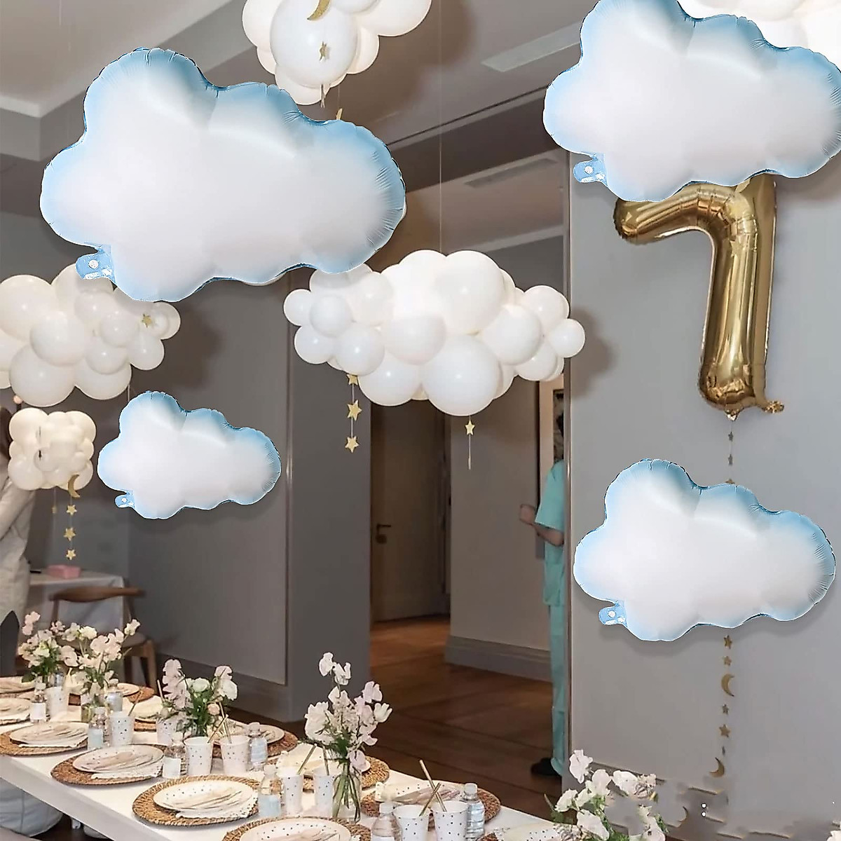 Cloud Balloons, 8 Pcs 30 Inch Mylar Foil Helium Large Cloud Balloons For Birthday Party Baby Shower Wedding Bridal Shower Blue White Themed Party Decorations Supplies