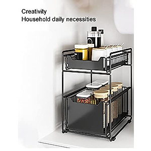 LEAYAN Under Sink Storage 2 Tier Cabinet Rack Under Sink Shelf,Under Sink with Sliding Drawer,Under Sink Organizer Removable,for Kitchen and Bathroom Under Sink Rack Shelf, White 37.5 * 28 * 43.5cm