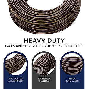 Strata 150 Feet Clothesline Outdoor Heavy Duty Galvanized Wire Steel Cable, Mocha PVC Coating - Clothes Line Wires for Outside Laundry Drying