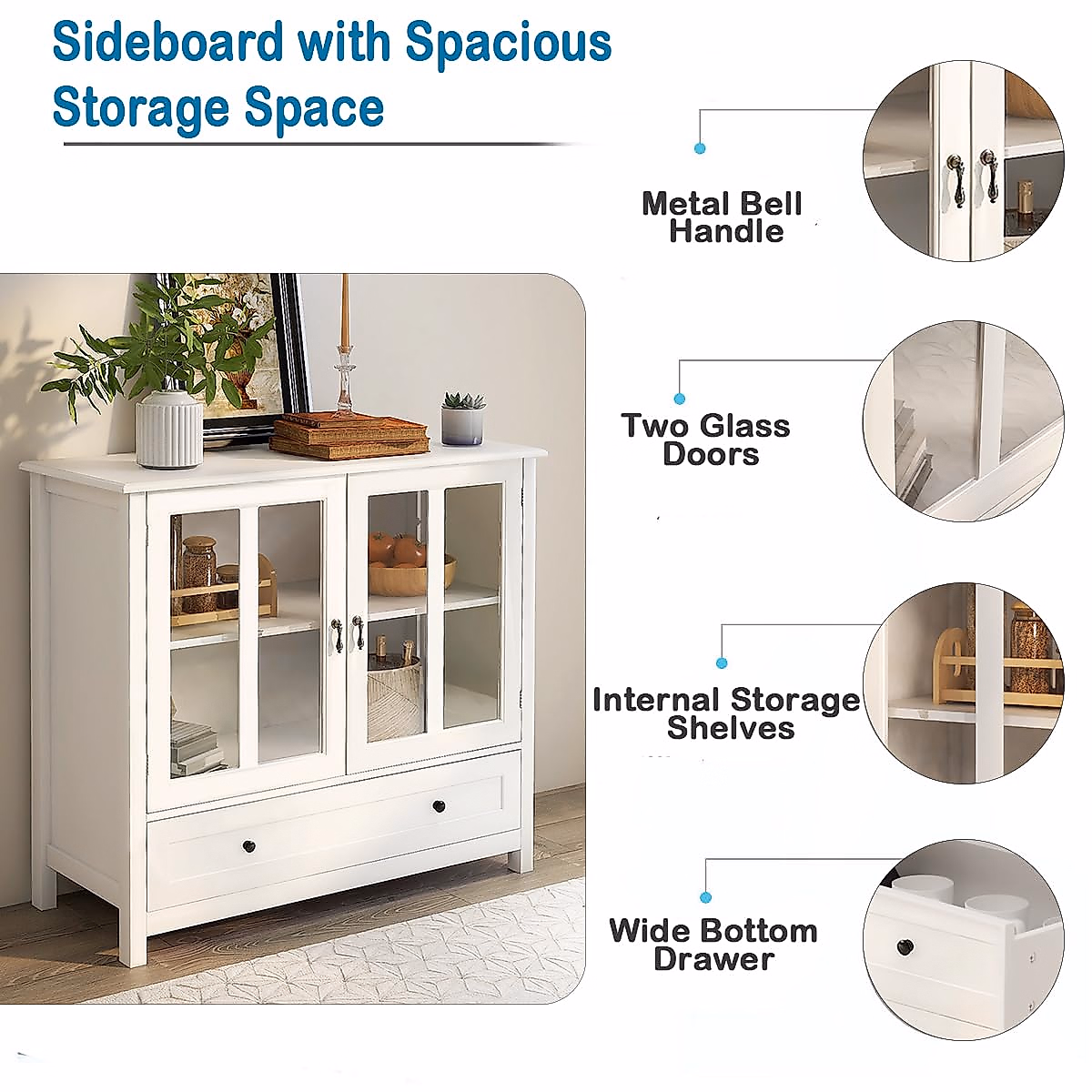 Henf Kitchen Sideboard Buffet Storage Cabinet, Floor Cabinet Cupboard with Double Glass Doors, Free Standing Accent Cabinet with a Drawer and Adjustable Closed Shelf, Perfect for Kitchen Dining Room