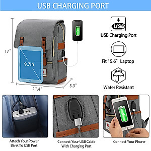 Xinveen Vintage Laptop Backpack Travelling Backpack Casual Daypacks School Shoulder Bag for Men Women Light Grey