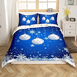 Erosebridal Merry Christmas Duvet Cover Queen Size,Blue Christmas Ornaments Bedding Set Xmas Snowflake Comforter Cover for Boys Girls Glitter Stars Bed Sets New Year Christmas Decorations