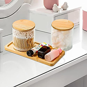 2 Pack 20oz Glass Qtip Holder with Bamboo Vanity Tray Glass Cotton Ball Holder Apothecary Jars Bathroom Organizer Canisters with Lids for Cotton Swabs Cotton Pads Dental Floss Makeup Brush Perfume.