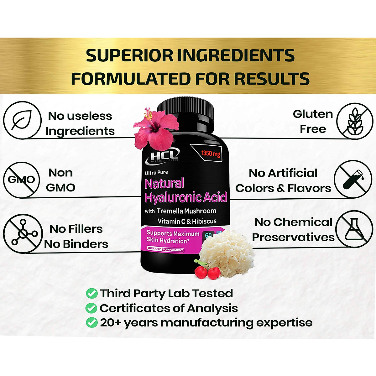 Natural Hyaluronic Acid Supplement 5X Stronger Hydration Pills from Pure Tremella Mushroom with Vitamin C & Hibiscus - Skin Supplement Anti Wrinkle Dietary Capsules - Hair Nails Vitamins
