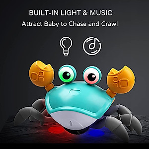 HUT Crawling Crab Baby Toy with Light Up for Kids Toddlers, Musical Toy with Automatically Avoid Obstacles, Sensory Walking Crab Toy for Kids, Tummy Time Crab Pet Toy Gift (Orange)