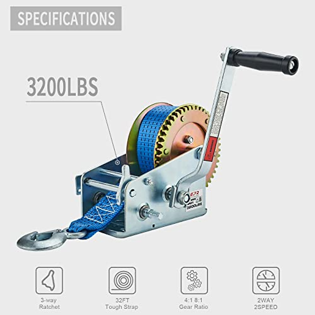 OPENROAD Boat Winch 3200lbs Hand Winch, with 32ft Blue Strap and 2 Speed switchable, for Boat Trailer Towing Winch……