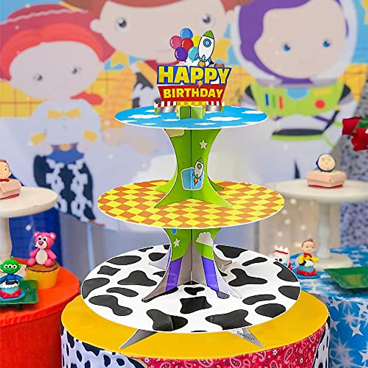 3-Tier Cartoon Story Cupcake Stand Cardboard Cake Stand Dessert Tower Holder for Toy Theme Birthday Decoration Baby Shower Party Supplies