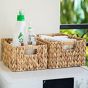FairyHaus Wicker Baskets 15x11x7" & 13.4x9.5x6.5", 2 Pack Handmade Big Wicker Storage Basket with Handles, Natural Water Hyacinth Wicker Baskets for Storage Shelves Organizing, Rectangle Wicker Basket