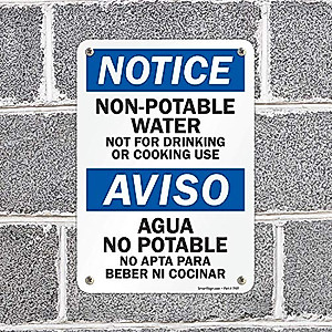 SmartSign - S-2841-AL-10 "Notice - Non-Potable Water, Not For Drinking Or Cooking" Bilingual Sign | 7" x 10" Aluminum Black/Blue on White