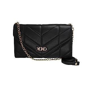 XOXO Women’s Wallet Small Black Vegan Leather Quilted Pattern Fold With Chain Crossbody Strap