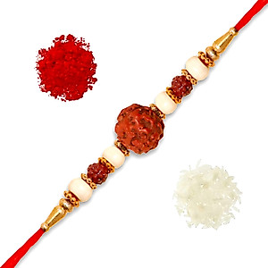Indian Crafts Rakhi 12 Pc Rudraksh Rakhi For Brother Dora Pattern Rakhi For Bhaiya & Bhabhi with Roli Chawal,Bracelet for Boy's & men, Rudraksh Rakhi,Rakhi Combo For Brothers, M, beads