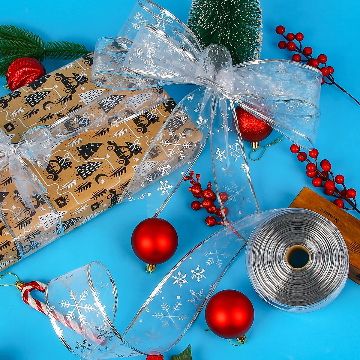 CCINEE Snowflake Christmas Organza Ribbon 2.5"X 50 Yards Silver Snowflake Wired Sheer Glitter Ribbon for Xmas Tree Decor Gift Wrapping Craft Party Decoration