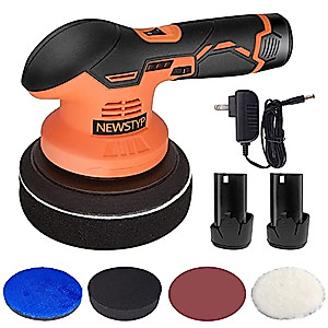 NEWSTYP 6 Inch Cordless Car Buffer Polisher with 2Pcs 12V 2.0Ah Rechargeable Battery, 6 Variable Speed, 5000RPM, Wireless Buffer Polisher Kit for Waxing/Car Detailing/Car Scratch Repairing/Sander