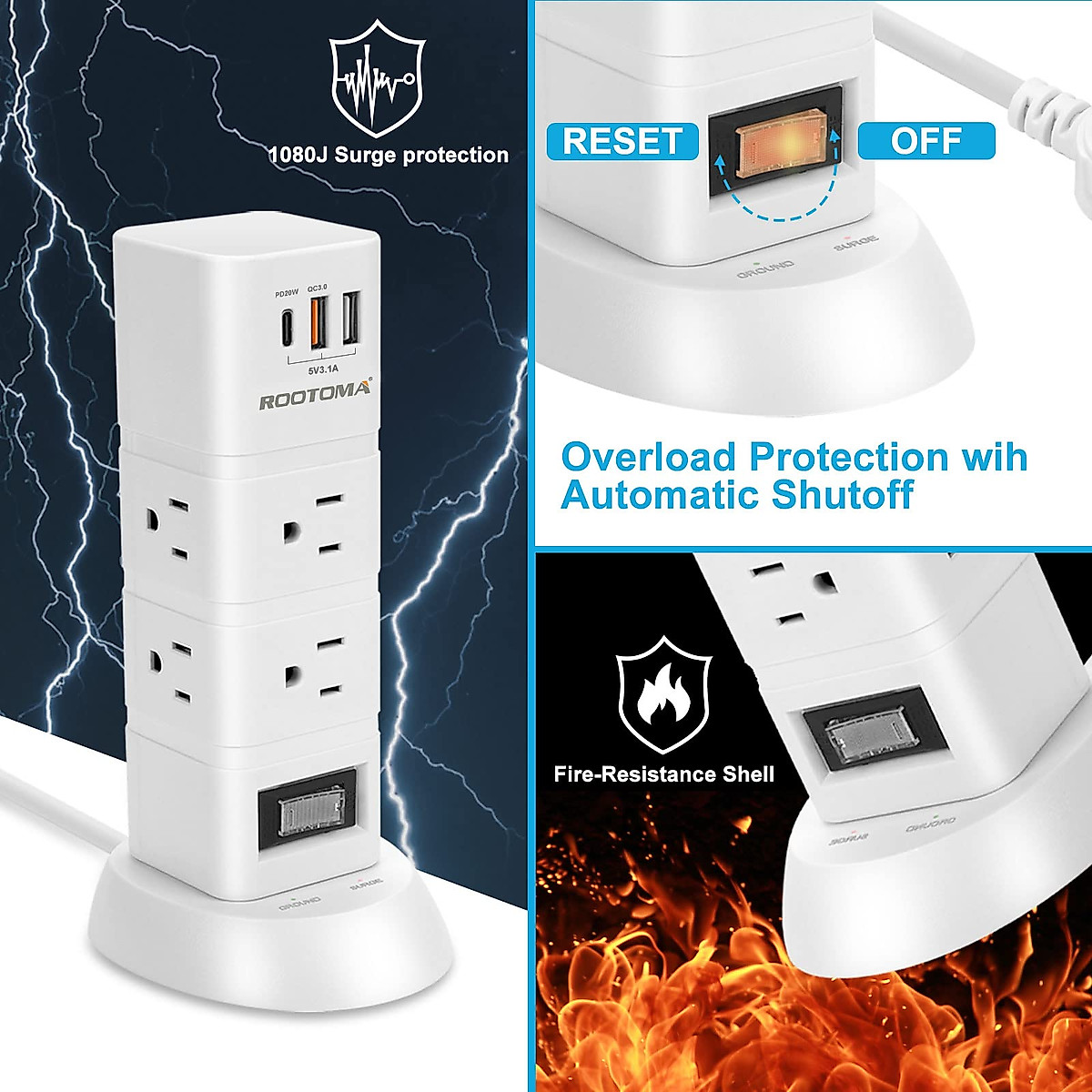 Power Strip Tower 6 Outlets with 3 USB Ports(PD20W & QC18W) Quick Desk Charging Station, 6 ft White Extension Cord, Flat Plug, Multi Plug Outlet Extender,1080 J Surge Protector for Home Office