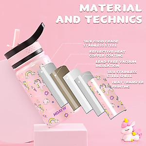 HQAYW Girls Water Bottles for School, 14oz Kids Water Bottle Stainless Steel, Insulated Water Bottle with Straw Cap Leakproof, Wide-Mouth BPA Free Tumbler Cups Metal Canteen for Sports, Unicorn