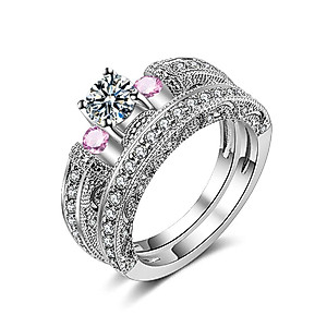 YAZILIND Women Platinum Plated Princess Cut Pink Cubic Zirconia Wedding Engagement Ring Set Size 8