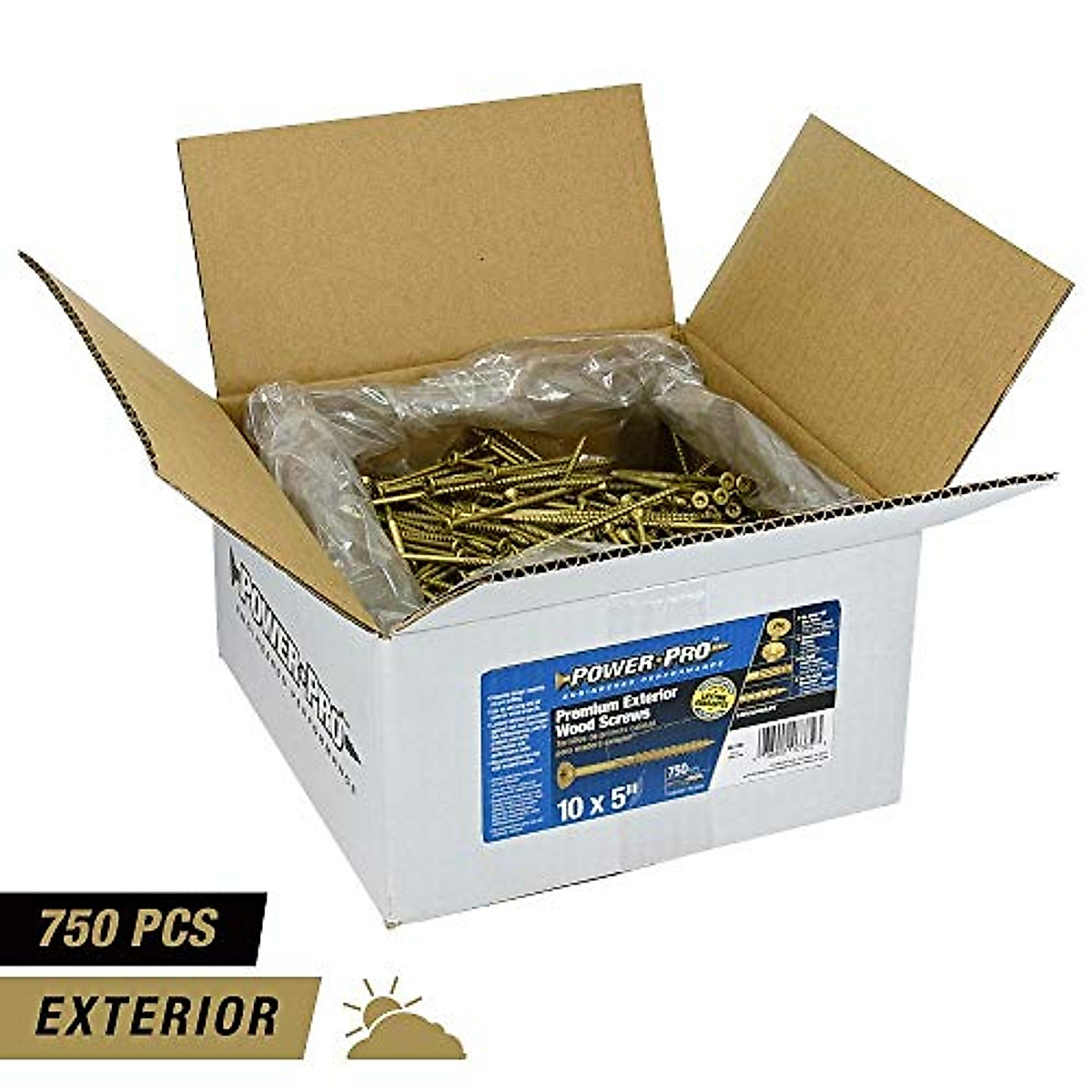 Power Pro 967784 Wood Screws, #10 x 5", Premium Outdoor Deck Screws, Rust Resistant, Epoxy Coated Bronze, 750pcs Box