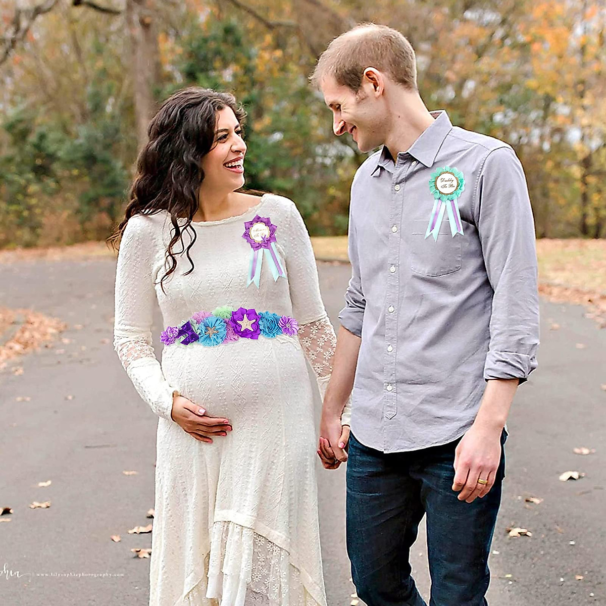 Hombae Mermaid Maternity Sash Belt for Baby Shower, Little Mermaid Under The Sea Supplies Mommy To Be & Daddy To Be Badge Corsage Pin Gender Reveal Pregnancy Belly Belt