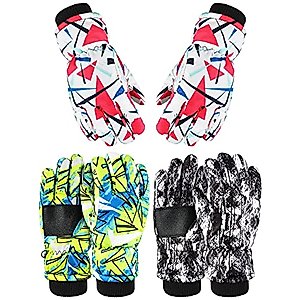 Hicarer 3 Pairs Kids Waterproof Gloves Winter Warm Snow Gloves Boys Girls Ski Gloves Windproof for Cold Weather (Cool Style, 8-11 Years)