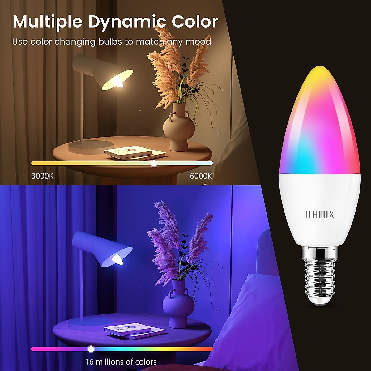 OHLUX Smart Candelabra Led Light Bulbs, 4W 40 Watt Equivalent E12 Base Led Bulb Compatible with Alexa/Google Assistant, Color Changing Light Bulb with 16 Million Colors, 2.4GHz WiFi Only, 4 Pack