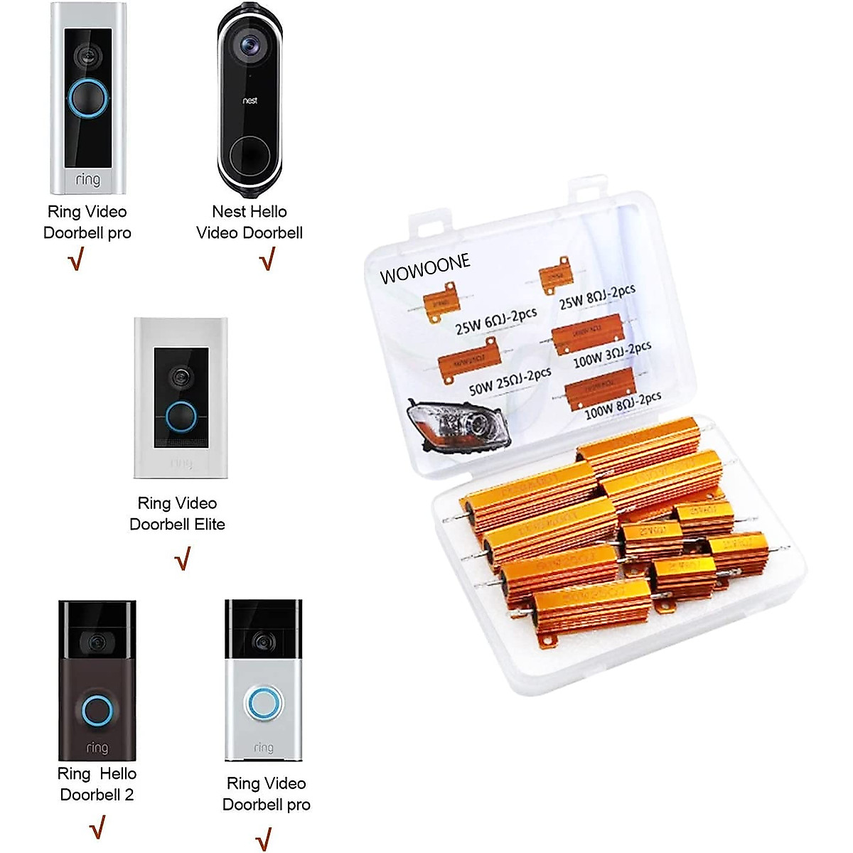WOWOONE Set of 10 Power Resistor, Aluminum Shell Resistors, 25W 6 Ohm/8 Ohm, 50W 25 Ohm, 100W 8 Ohm/3 Ohm Watt Shell Power Aluminum Housed Case Wirewound Resistor for Nest Hello Doorbell