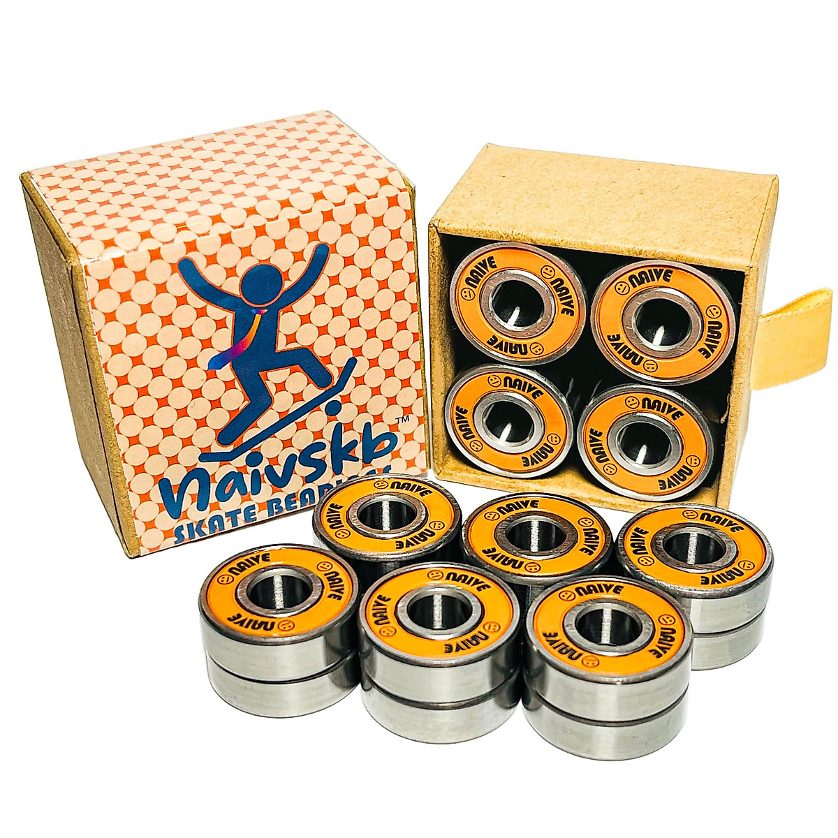 Naivskb Skate Bearings 8mm 16 Pack, Precision 608 Bearings Quad Inline Speed Roller Skate Derby Skateboard Longboard(Vintage Orange)
