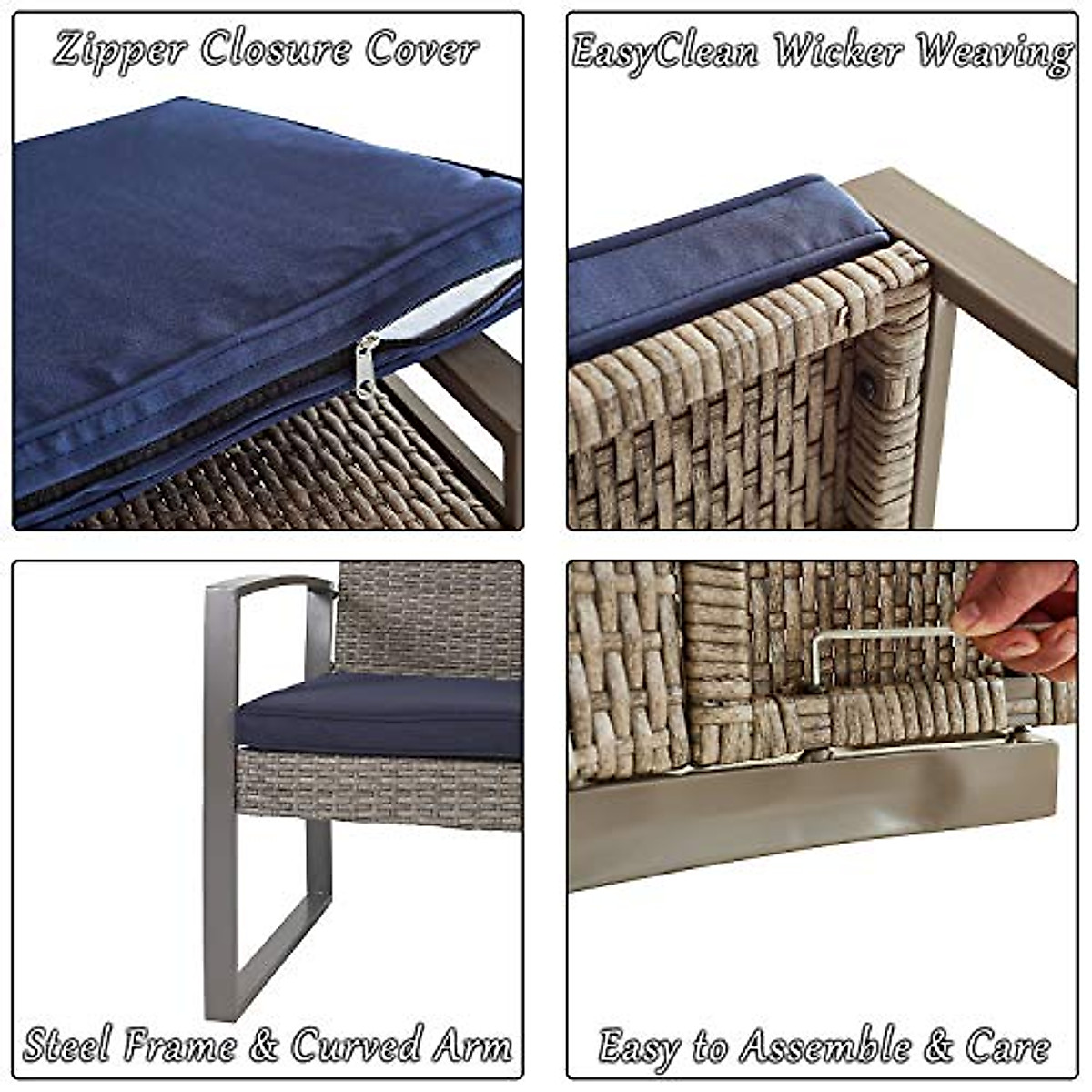 Festival Depot 5 Pieces Patio Outdoor Conversation Chairs Cushions Ottomans Set with Coffee Square Table Metal Frame Furniture Garden Bistro Seating Thick Soft Cushions (Blue)