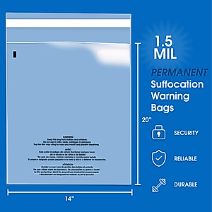 Spartan Industrial - 14" X 20" (500 Count) Self Seal Clear Poly Bags with Suffocation Warning for Packaging, Clothes - Permanent Adhesive