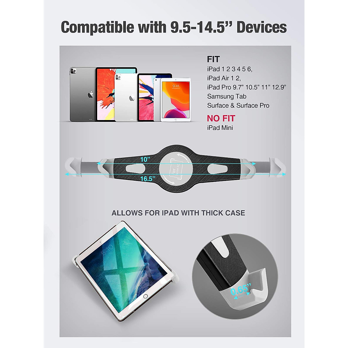 Elitehood 360 Rotatable iPad Holder, Universal Tablet Tripod Mount for 9.5-14.5' Tablets, iPad Pro, Air, & More, Compatible with 1/4'-20 Thread Tripods, Monopods, & Selfie Sticks