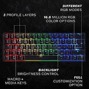 HK GAMING GK61s Mechanical Gaming Keyboard - 61 Keys Multi Color RGB Illuminated LED Backlit Wired Programmable for PC/Mac Gamer (Gateron Mechanical Yellow, Black)